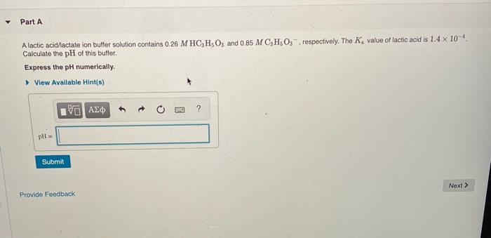 Solved y Part A A lactic acid/lactate ion buffer solution | Chegg.com