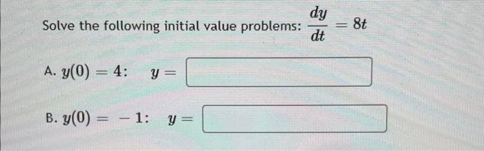 Solved Solve the following initial value problems: dtdy=8t | Chegg.com