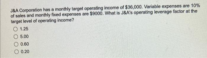 Solved J8A Corporation has a monthly target operating income | Chegg.com