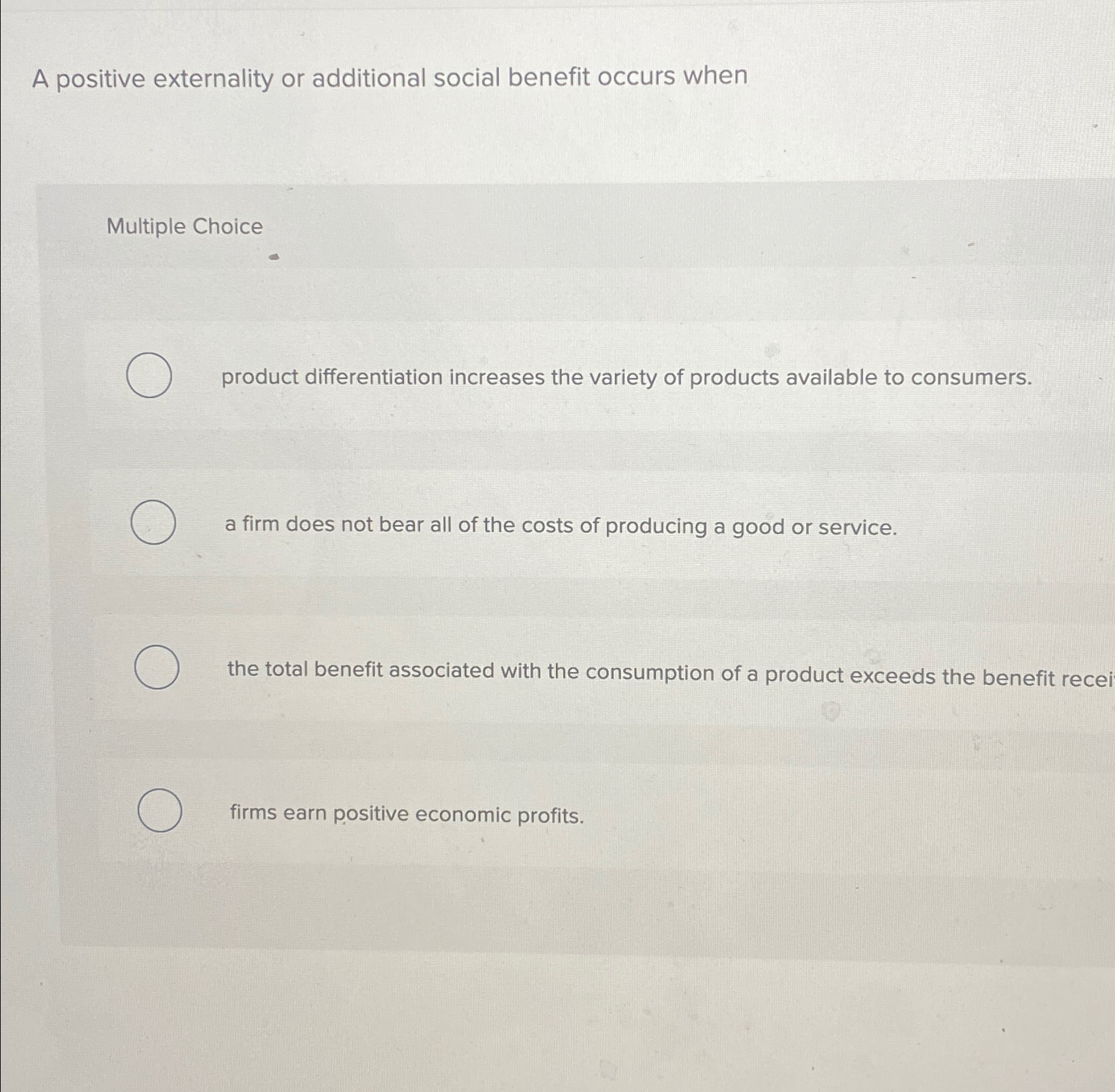 Solved A positive externality or additional social benefit | Chegg.com