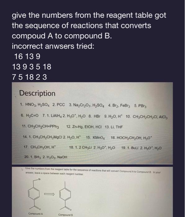 Solved give the numbers from the reagent table got the | Chegg.com