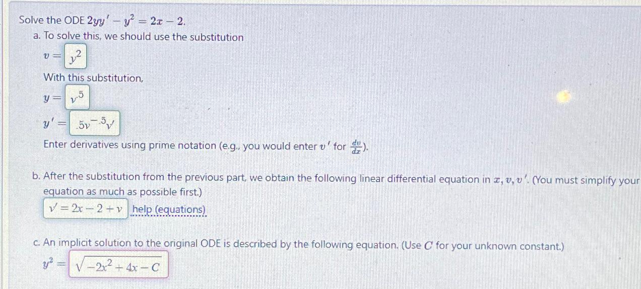Solved Solve the ODE 2yy^(')-y^(2)=2x-2.\\na. To solve this, | Chegg.com