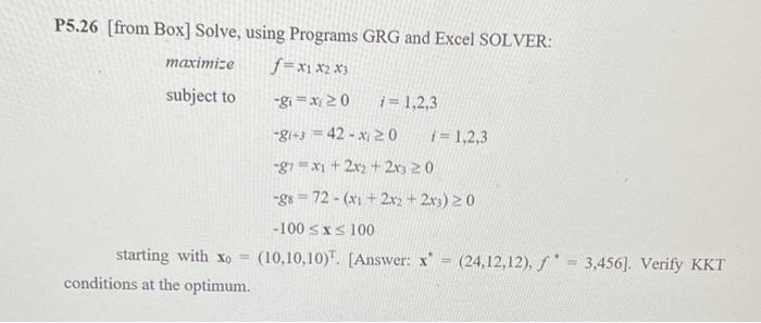 P5.26 [from Box] Solve, using Programs GRG and Excel | Chegg.com