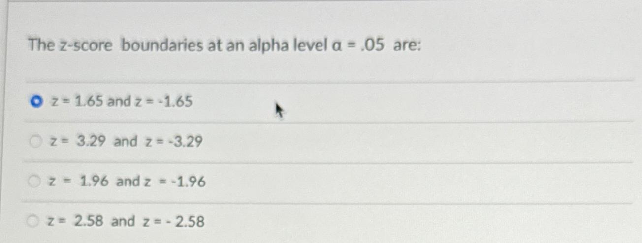 Solved The z-score boundaries at an alpha level a=.05 | Chegg.com