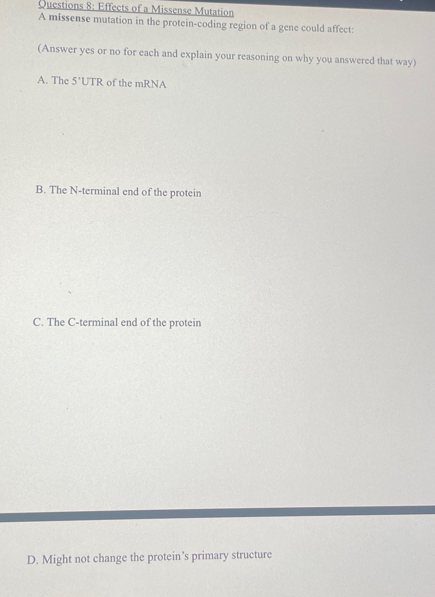 Solved Questions 8: Effects of a Missense MutationA missense | Chegg.com