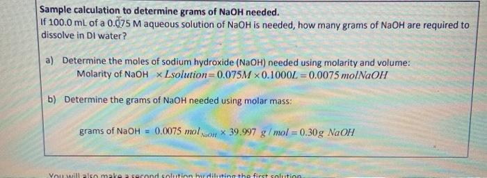 Solved Sample calculation to determine grams of NaOH needed. | Chegg.com