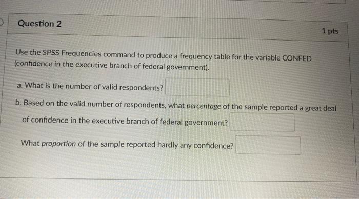 Question 2 1 pts Use the SPSS Frequencies command to | Chegg.com