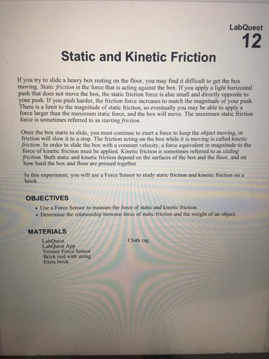 Solved LabQuest 12 Static and Kinetic Friction If you try to | Chegg.com