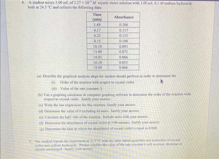 Solved 4. A student mixes 3.00 mL of 2.27% 10 M crystal | Chegg.com