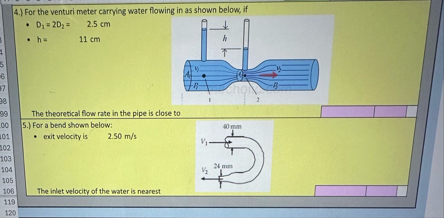Solved 4.) ﻿For the venturi meter carrying water flowing in | Chegg.com