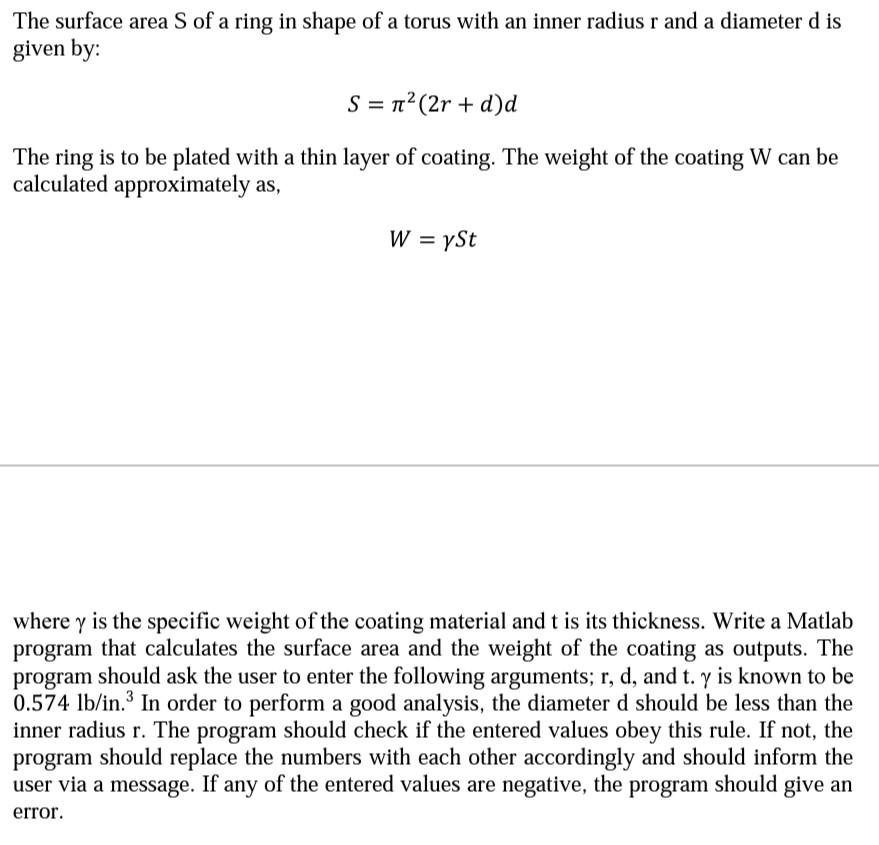 Solved The surface area S of a ring in shape of a torus with | Chegg.com