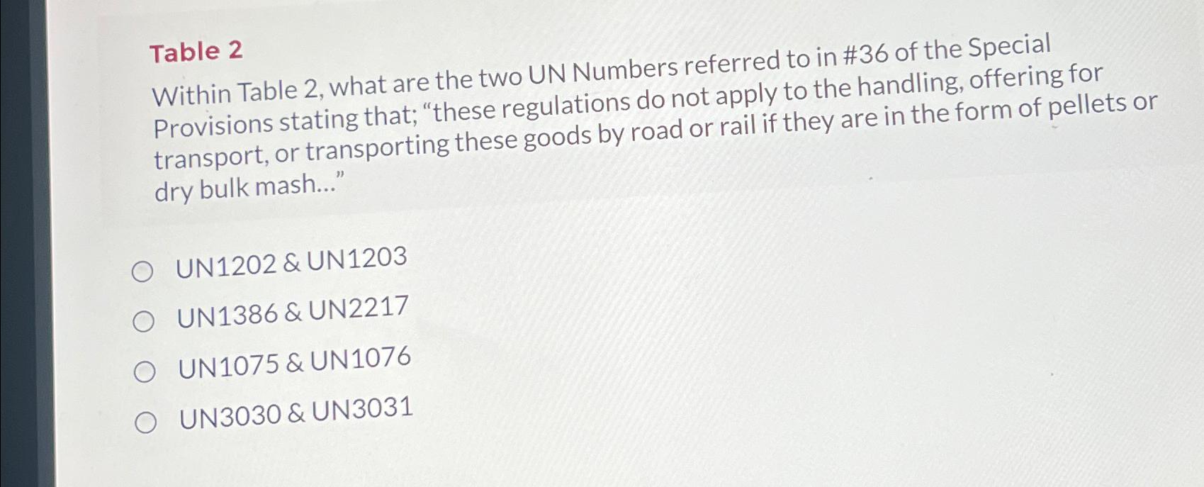 Solved Table 2Within Table 2, ﻿what are the two UN Numbers | Chegg.com