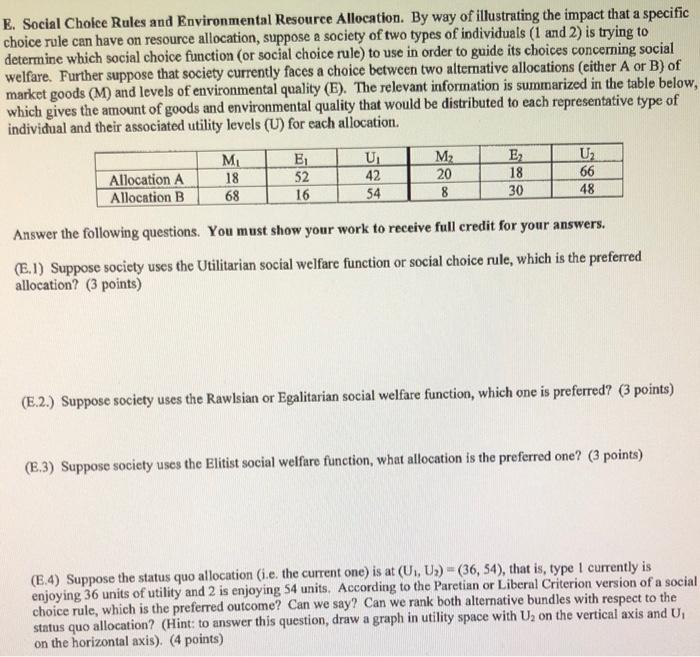 Solved E. Social Choice Rules and Environmental Resource | Chegg.com