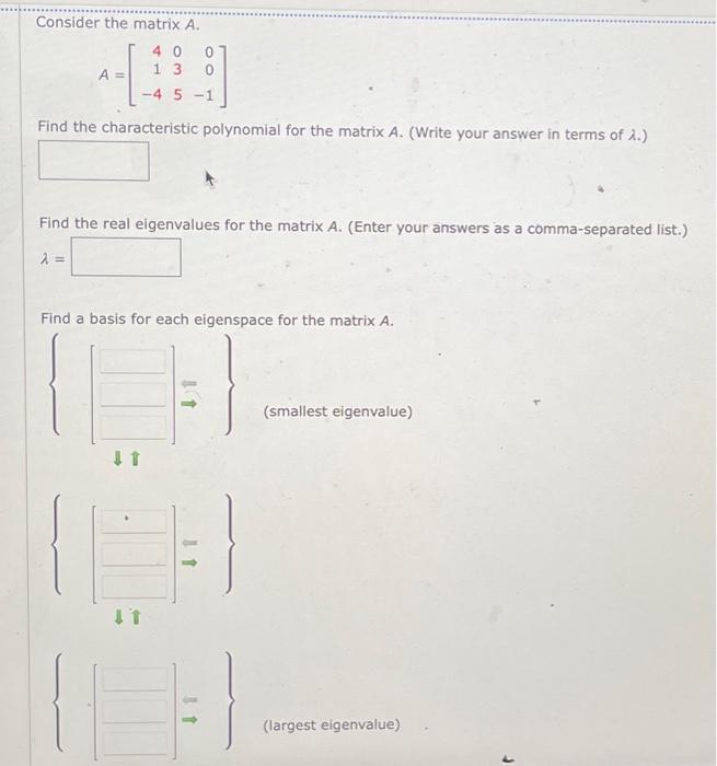 Solved Consider the matrix A. A=⎣⎡41−403500−1⎦⎤ Find the | Chegg.com