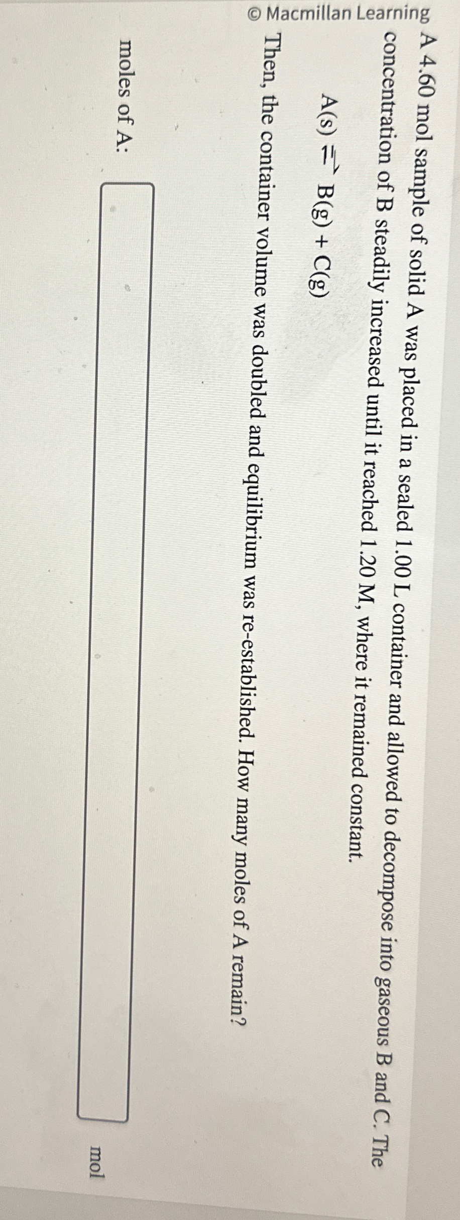 Solved a A 4.60mol sample of solid A was placed in a sealed | Chegg.com