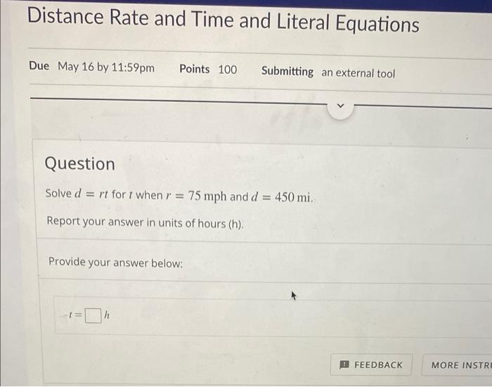Solved Distance Rate and Time and Literal Equations Due May | Chegg.com