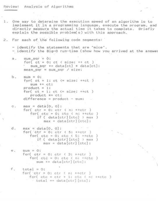 Solved Review: Analysis of Algorithms 1. 2. - sum: One way | Chegg.com