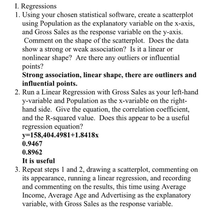 Solved I. Regressions 1. Using your chosen statistical | Chegg.com