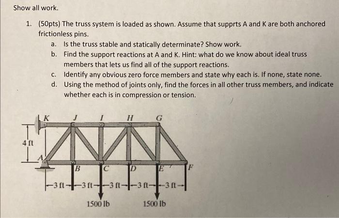 Solved 1. (50pts) The truss system is loaded as shown. | Chegg.com