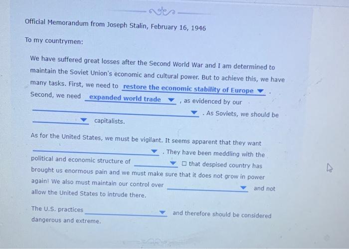 Solved Official Memorandum from Joseph Stalin, February 16, | Chegg.com