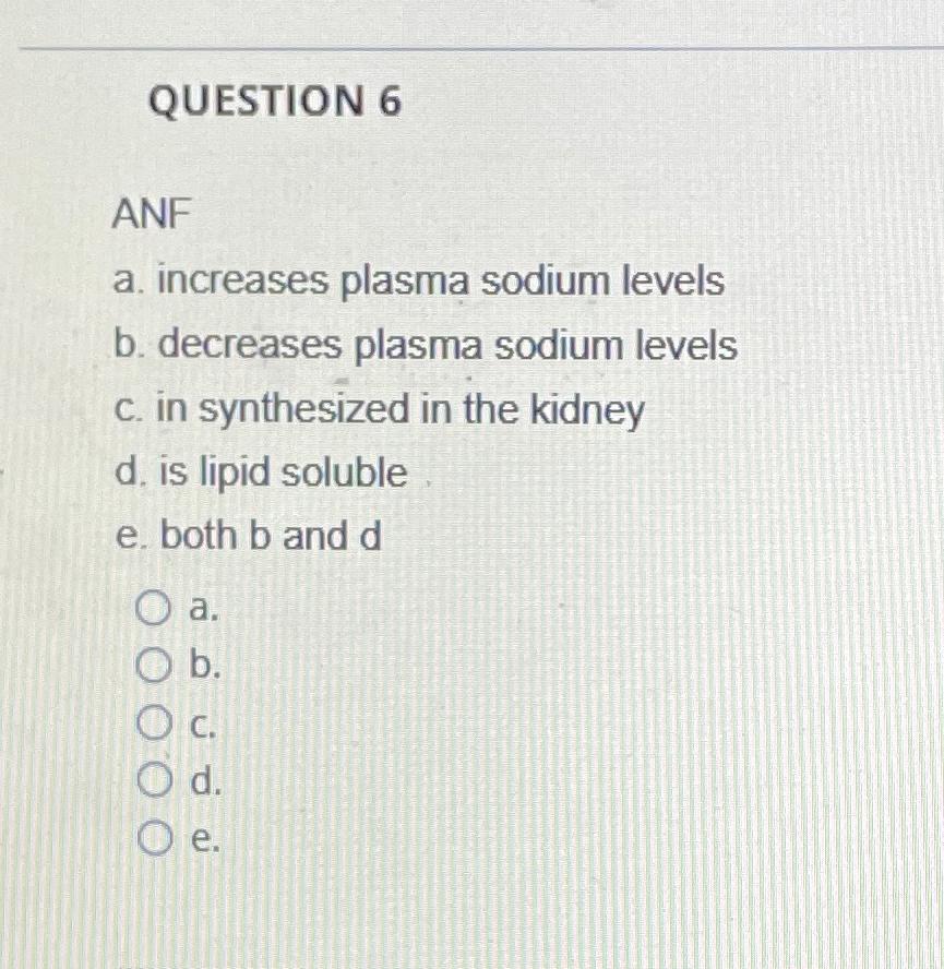 Solved QUESTION 6ANFa. ﻿increases plasma sodium levelsb. | Chegg.com