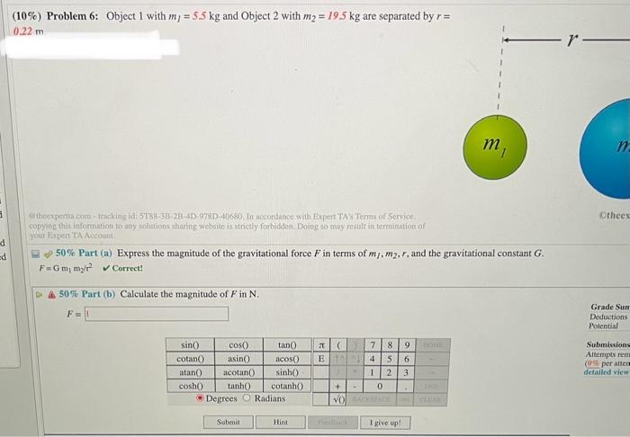 Solved (10\%) Problem 6: Object 1 with ml=5.5 kg and Object | Chegg.com