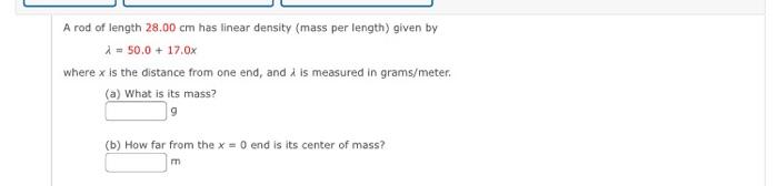 Solved A rod of length 28.00 cm has linear density (mass per | Chegg.com