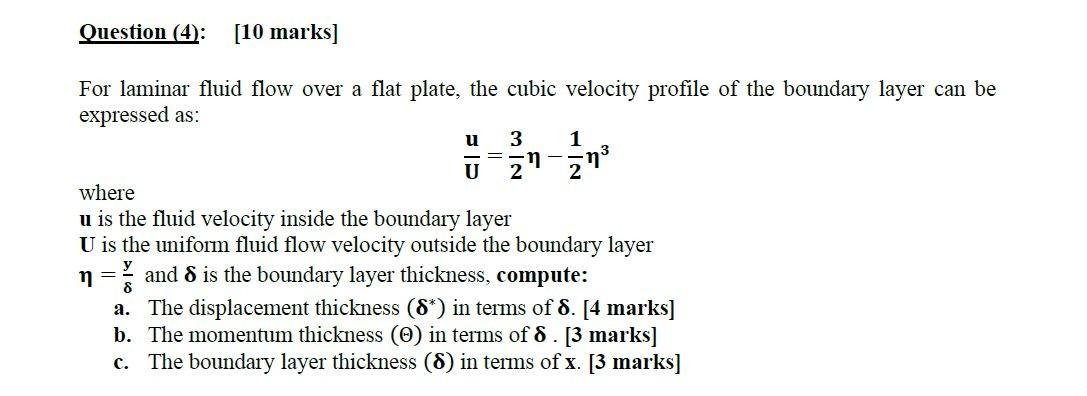 Solved For laminar fluid flow over a flat plate, the cubic | Chegg.com