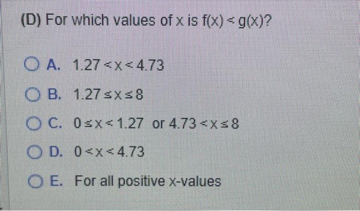 Solved Let f(x)=−0.9x2+7.1x and g(x)=1.7x+5.4 for 0≤x≤8 (A) | Chegg.com