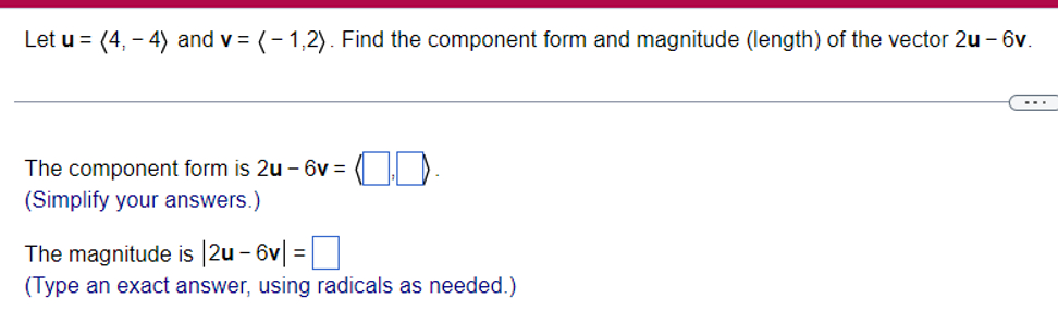 Solved Let u=(:4,-4:) and v=(:-1,2:). Find the component | Chegg.com Solved Let u=(:4,-4:) and v=(:-1,2:). Find the component | Chegg.com