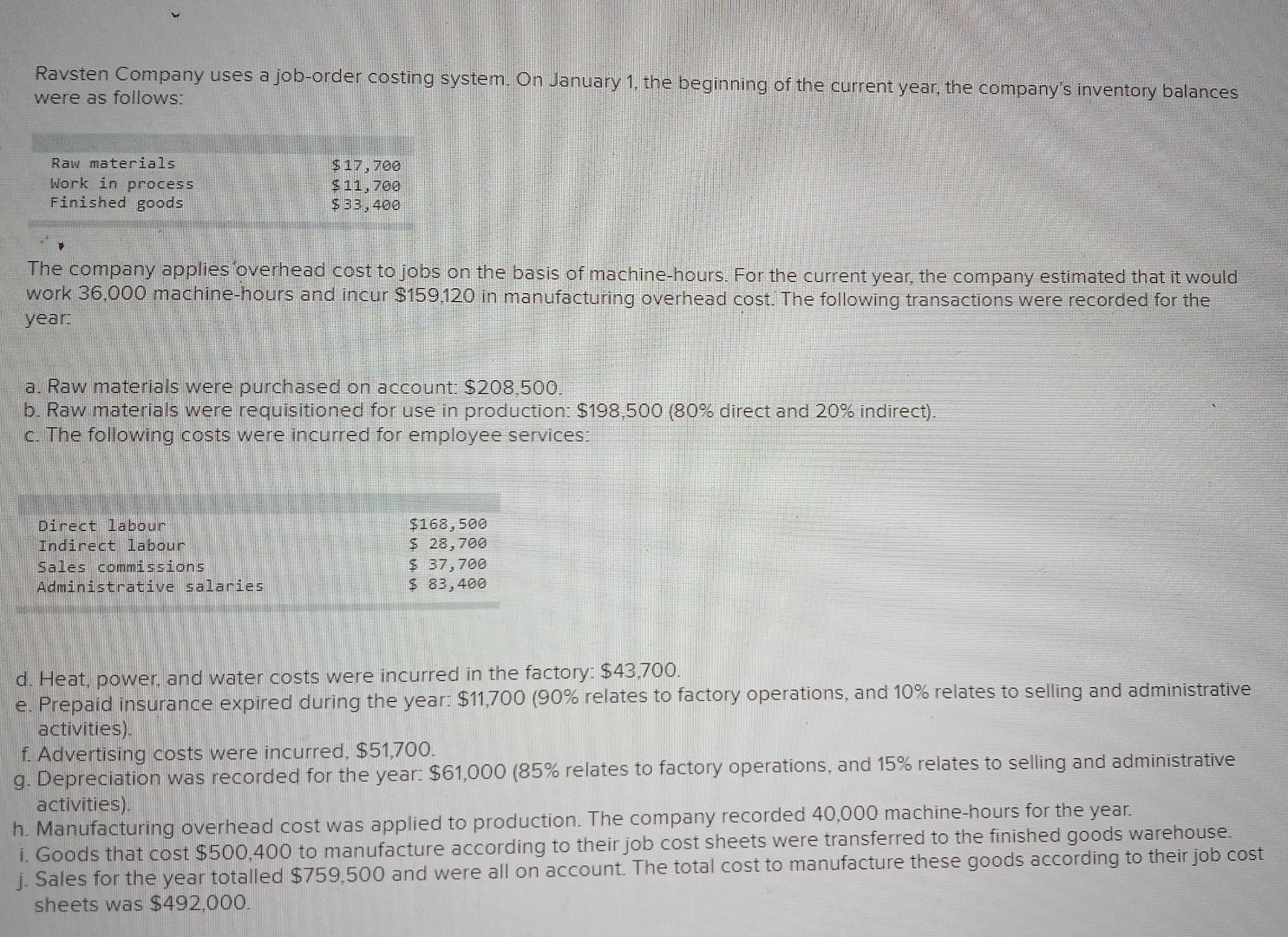 Solved Ravsten Company uses a job-order costing system. On | Chegg.com