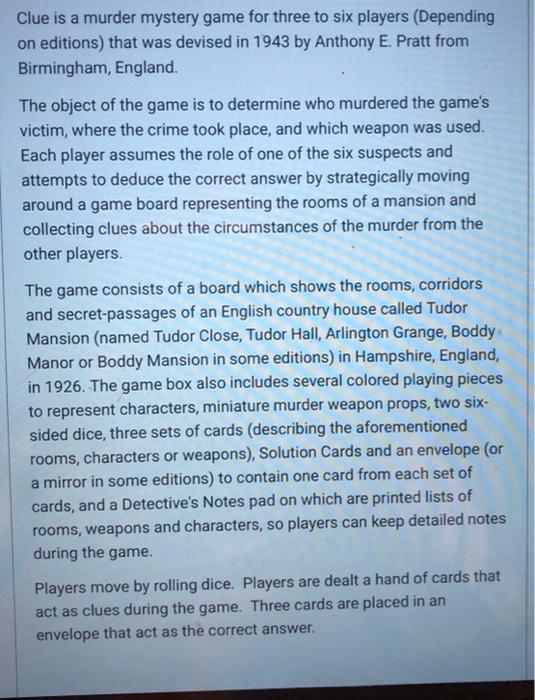 Solved Clue is a murder mystery game for three to six | Chegg.com