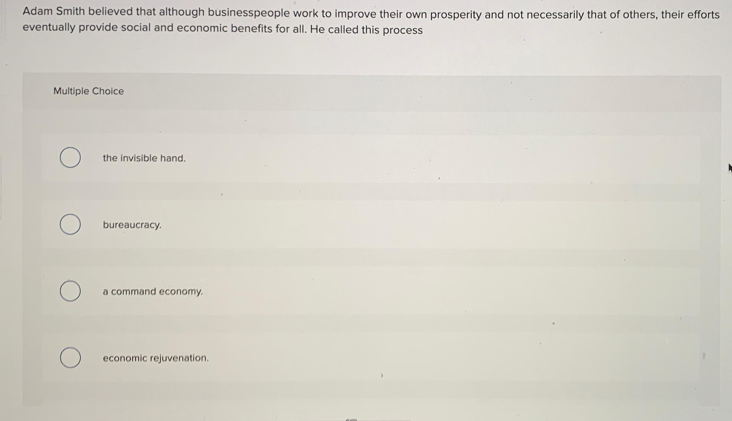 Solved Adam Smith believed that although businesspeople work | Chegg.com