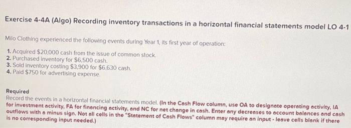 Solved Exercise 4-4A (Algo) Recording inventory transactions | Chegg.com