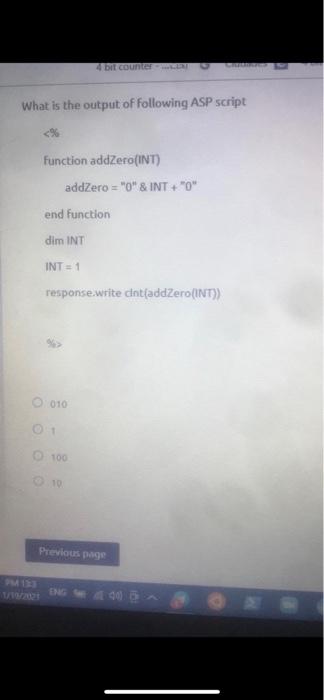 Solved What is the output of following ASP script function | Chegg.com