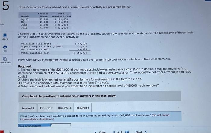 Solved Nova Company's total overhead cost at various levels | Chegg.com