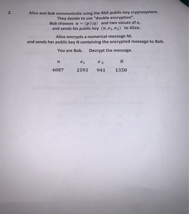 Solved 2. Alice and Bob communicate using the RSA public-key | Chegg.com