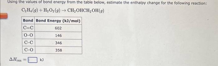 Solved Using the values of bond energy from the table below, | Chegg.com
