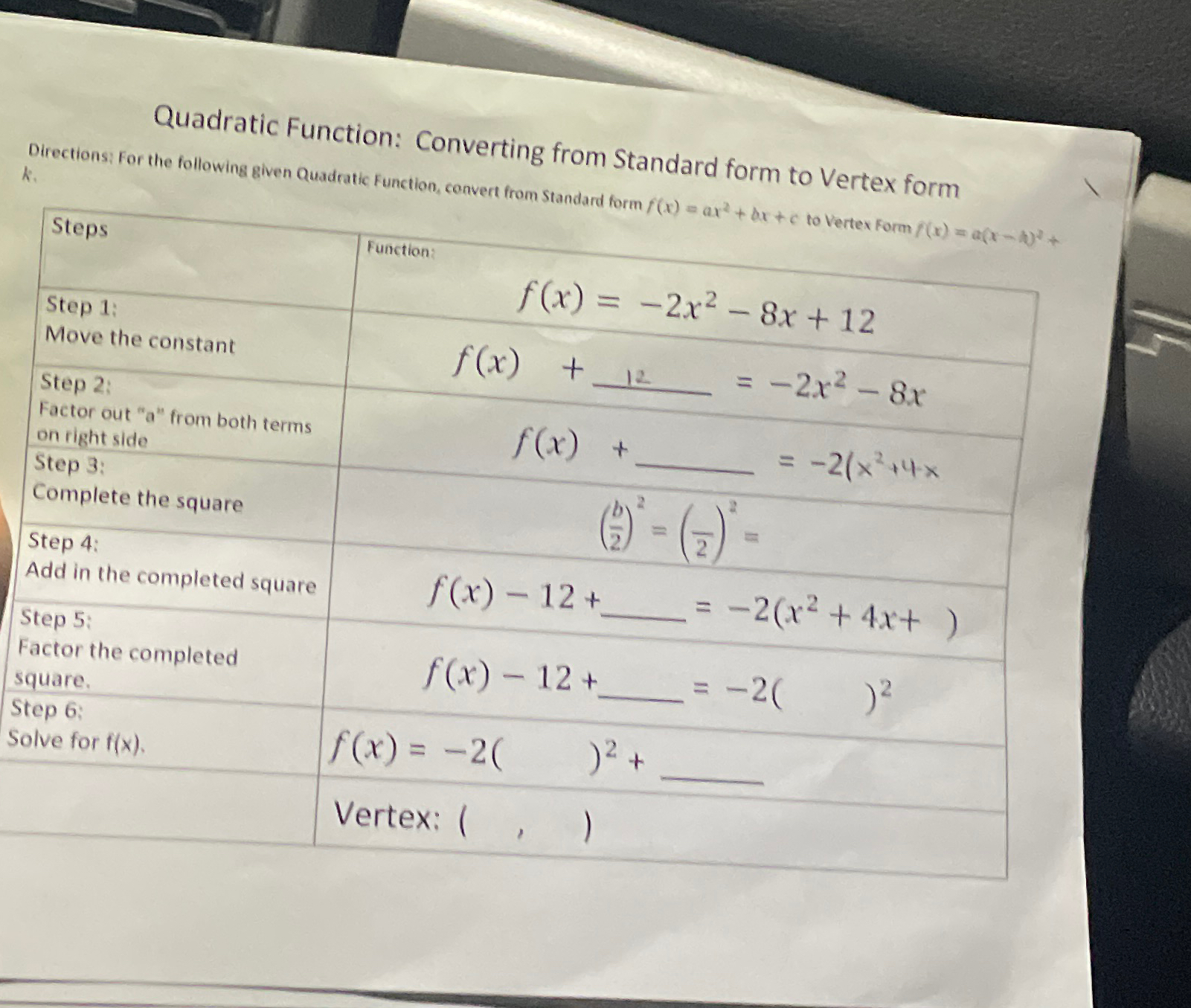 Solved Quadratic Function: Converting from Standard form to | Chegg.com