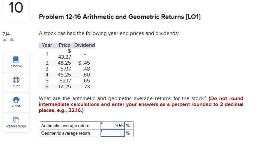 Solved Problem 12-16 ﻿Arithmetic and Geometric Returns | Chegg.com