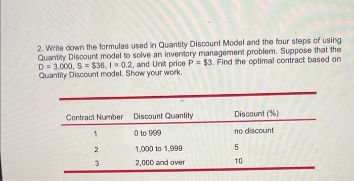 Solved 2. Write down the formulas used in Quantity Discount | Chegg.com