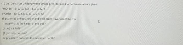 Solved (10 pts) Construct the binary tree whose preorder and | Chegg.com