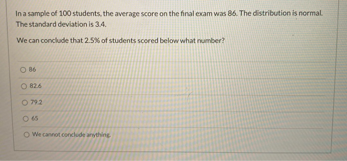 Solved in a sample of 100 students, the average score on the | Chegg.com