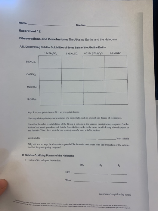 Name Section Experiment 12 Observations and | Chegg.com