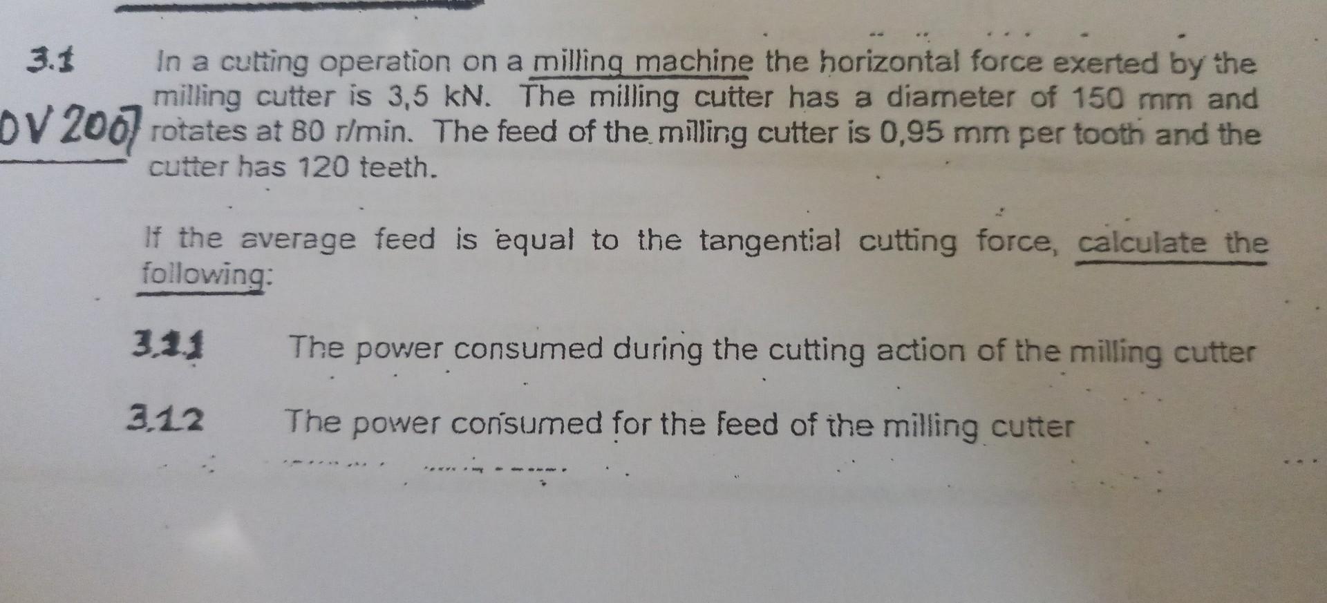 Solved In A Cutting Operation On A Milling Machine The