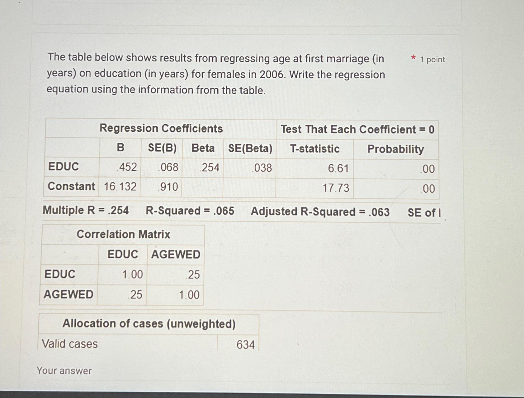 Solved The table below shows results from regressing age at | Chegg.com