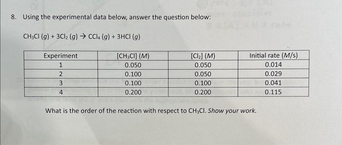 Solved 8. Using the experimental data below, answer the | Chegg.com