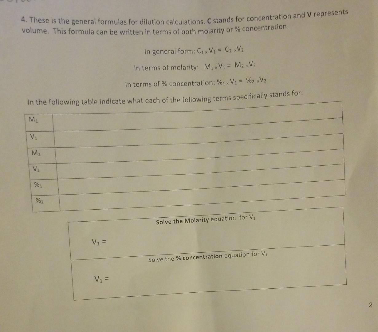 Solved 4. These is the general formulas for dilution | Chegg.com