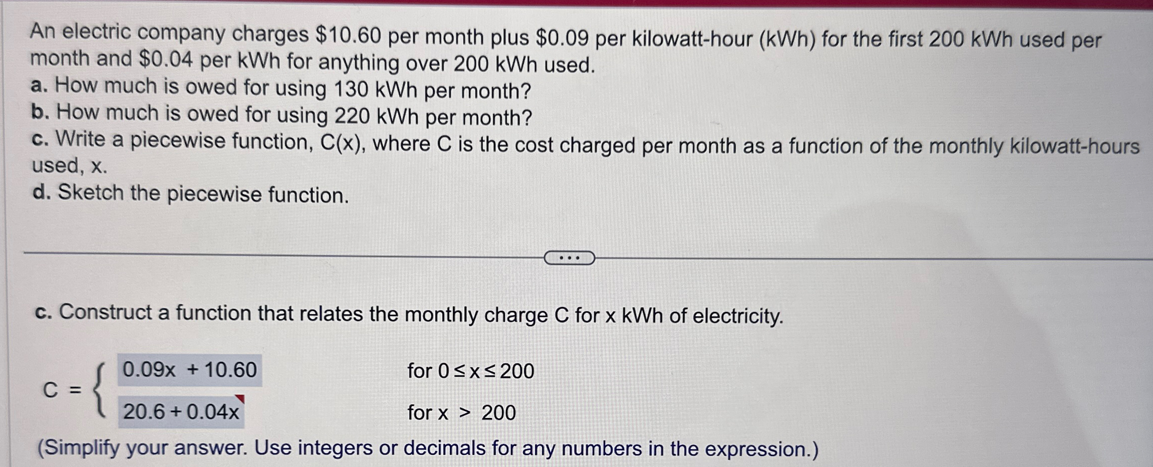 Solved An electric company charges $10.60 ﻿per month plus | Chegg.com