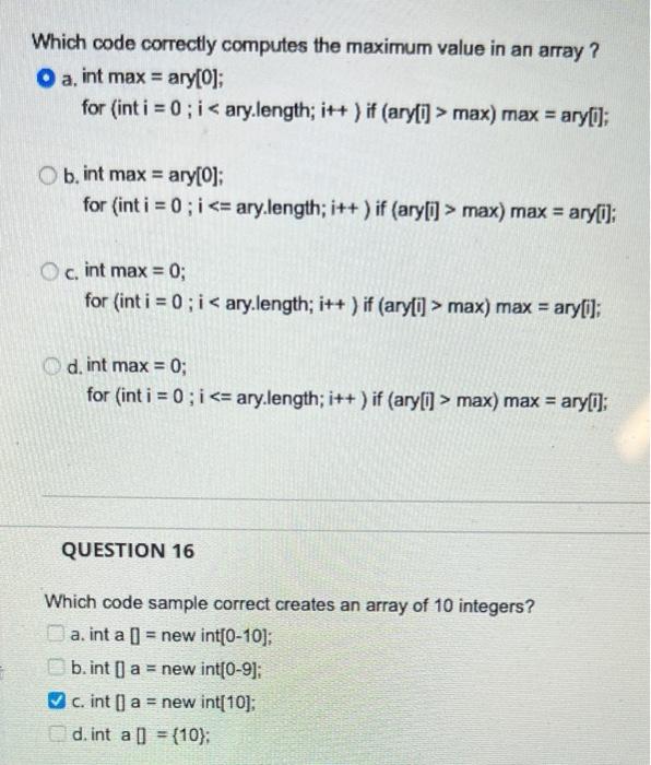 Solved Which code correctly computes the maximum value in an | Chegg.com